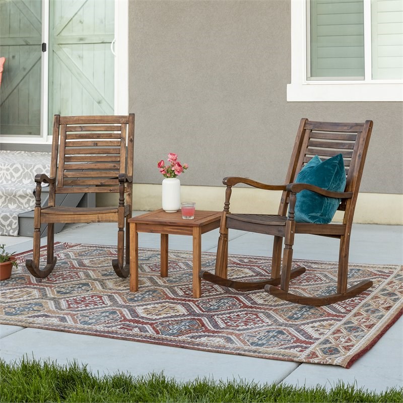 3-Piece Outdoor Rocking Chair with Slatte Square Side Table - Brown ...