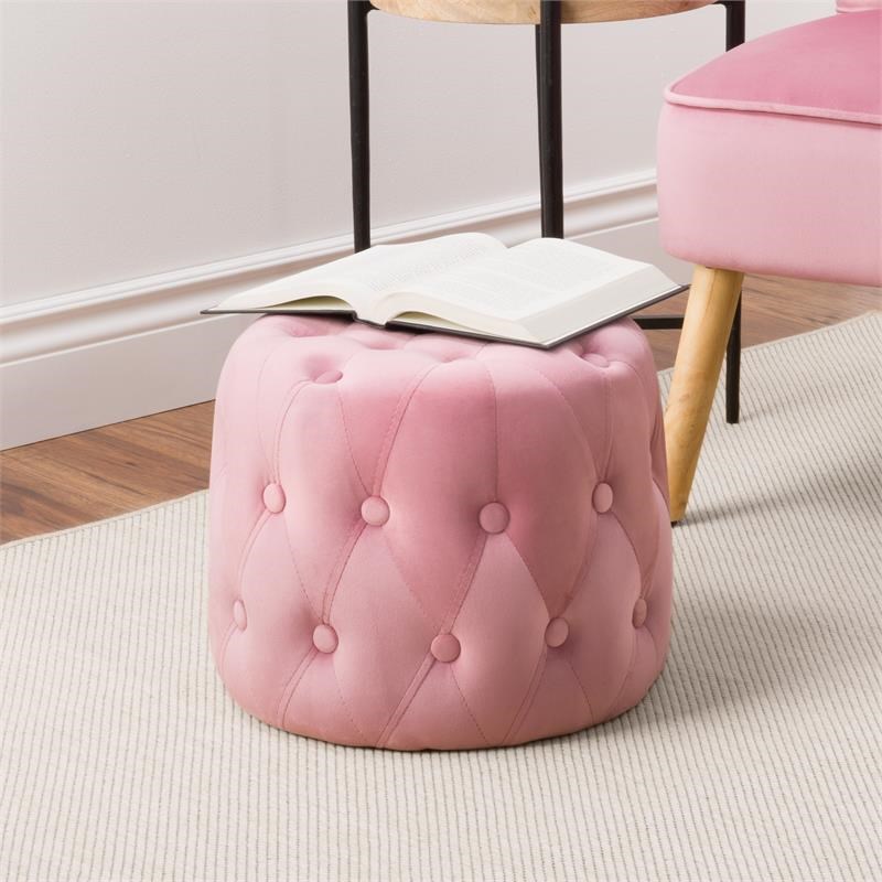corliving lynwood round tufted pink velvet pouf - lyn-427-o