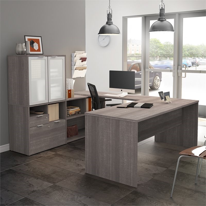 Bestar i3 Plus U Shape Computer Desk with Hutch in Bark Gray | Homesquare