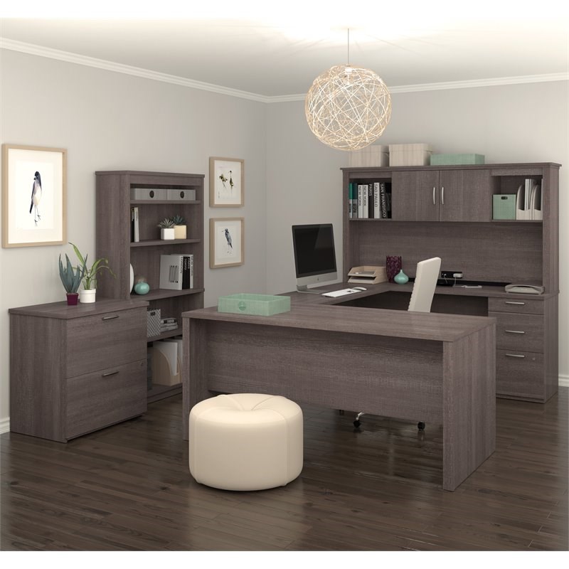 Bestar Logan 66" U-Shaped Desk with Hutch File and Bookcase in Bark ...