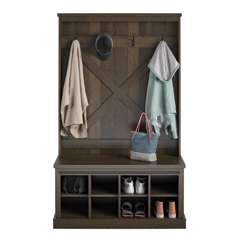 Ameriwood Home Knox County Entryway Bench with Hall Tree in Brown Oak | Homesquare