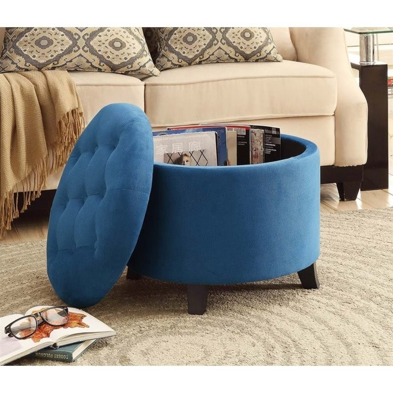 Designs4Comfort Round Ottoman in Blue Upholstered Finish with Wood Legs ...