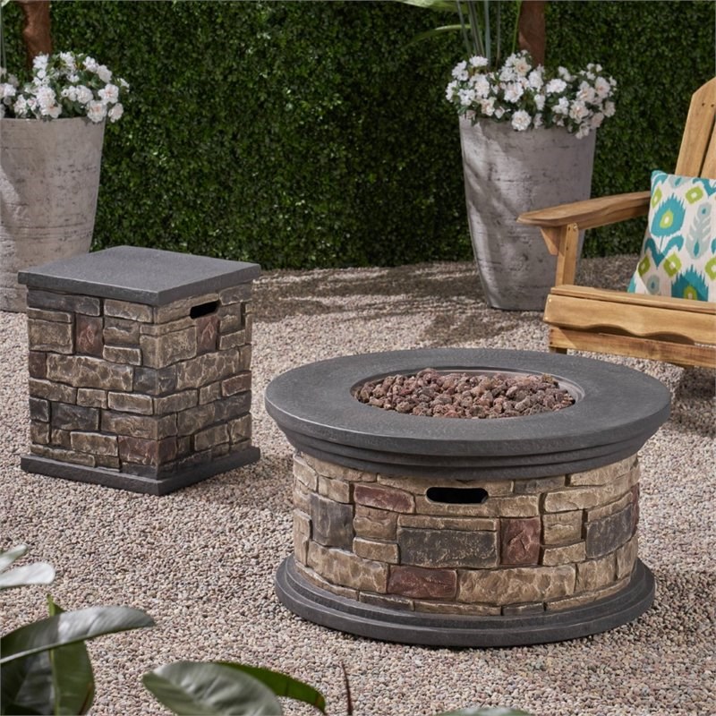 Noble House Chesney 32" Round Light Weight Concrete Fire Pit in Brown ...