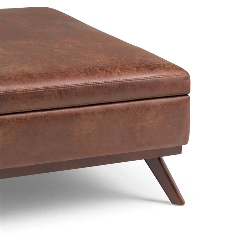Simpli Home Owen Faux Air Leather Square Coffee Table Ottoman In Saddle