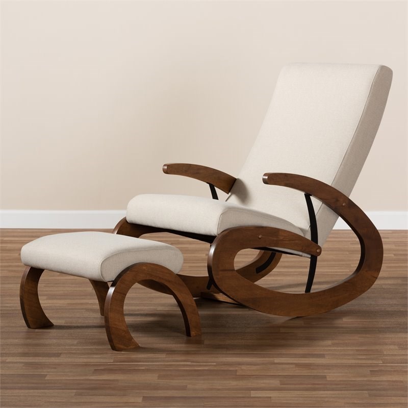 Baxton Studio Kaira Fabric and Wood Rocking Chair with Ottoman in Beige ...
