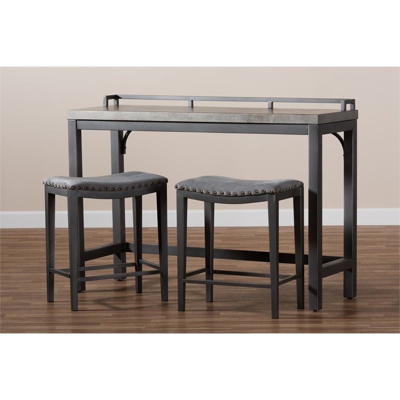 Baxton Studio Noll Gray Upholstered 3-Piece Metal Counter Table Set ...