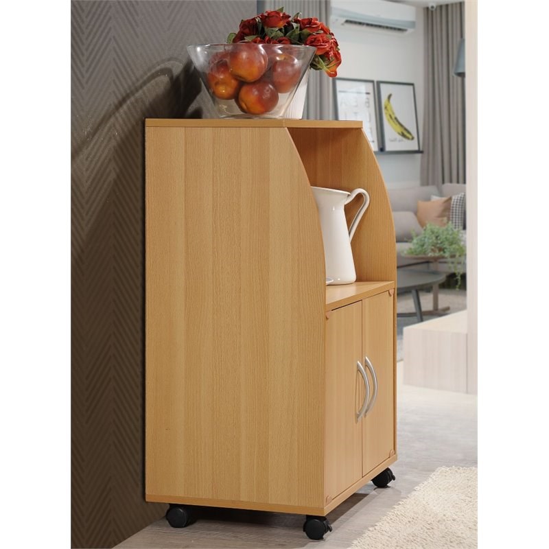 Hodedah Modern Wooden Microwave Kitchen Cart in Beige Finish | Homesquare