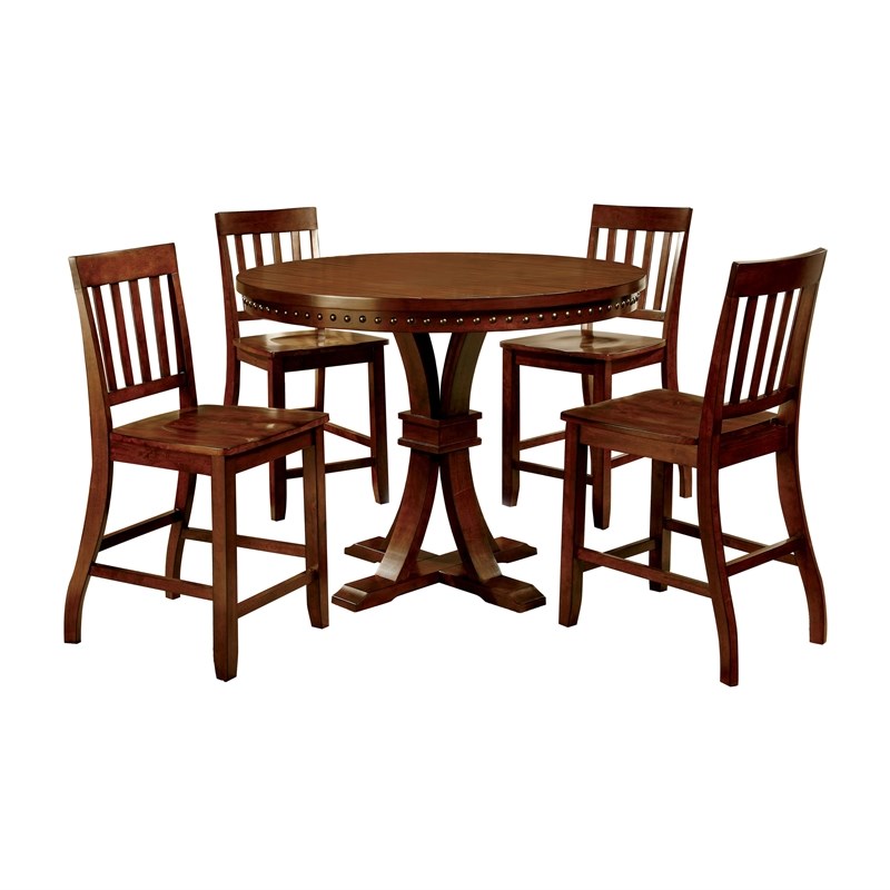 Furniture of America Duran Dark Oak Wood 5 Piece Round Counter Height ...