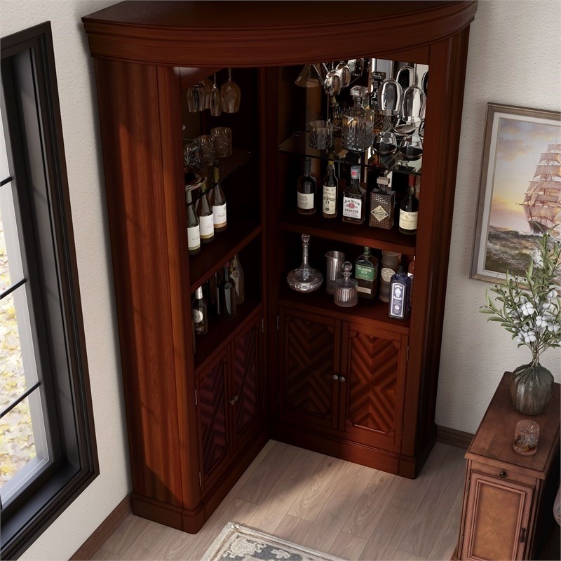 Pemberly Row Traditional Wood Corner Home Bar in Dark Cherry | Homesquare
