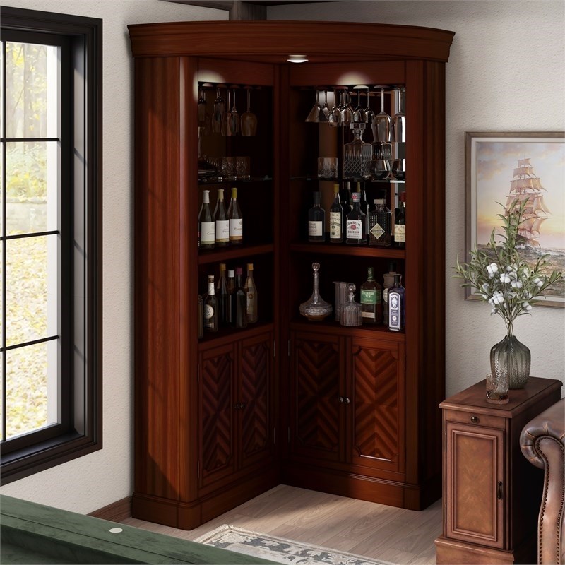 Pemberly Row Traditional Wood Corner Home Bar in Dark Cherry | Homesquare