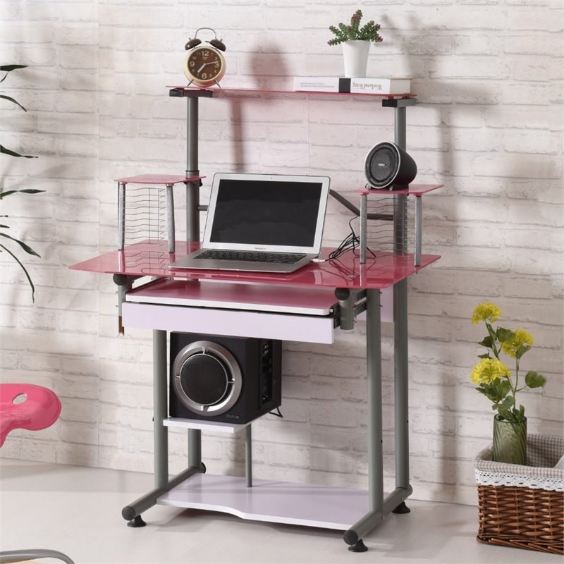pemberly row tempered glass computer desk in pink - pr-1644358