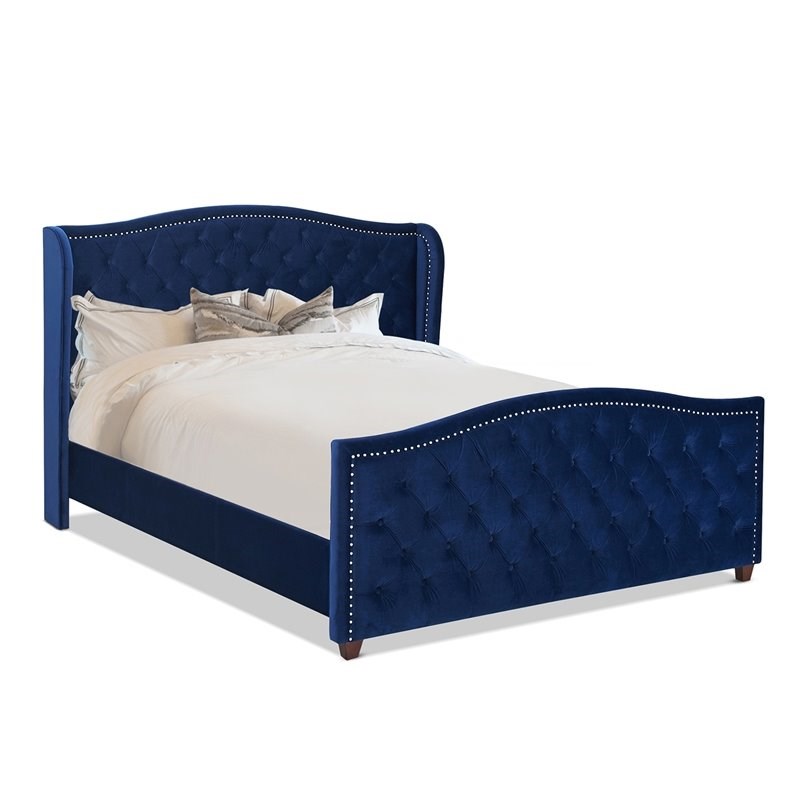 Maklaine Modern Hardwood Tufted Wingback King Bed in Navy Blue | Homesquare