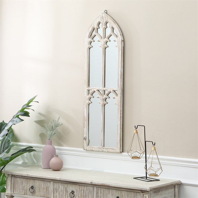 LuxenHome Weathered White Wood Cathedral Framed Wall Mirror | Homesquare