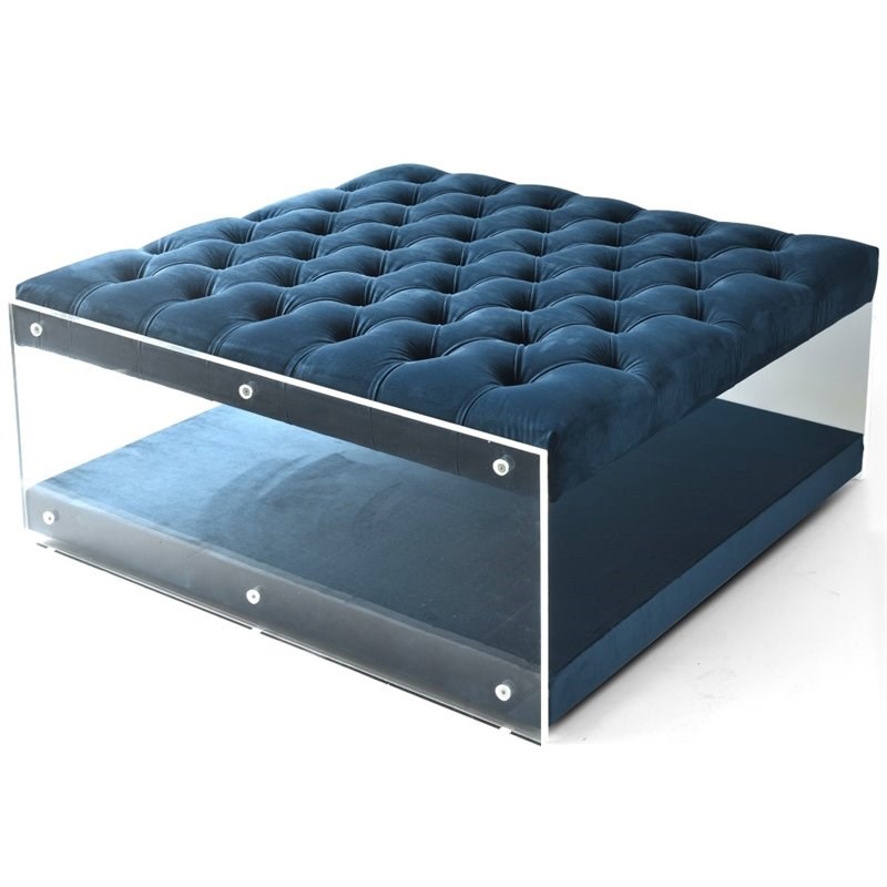 Posh Living Courtney Velvet Acrylic Ottoman with Nailhead in Blue ...