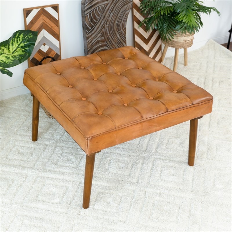 Alvar Mid-Century Modern Square Tufted Genuine Leather Ottoman in Tan ...