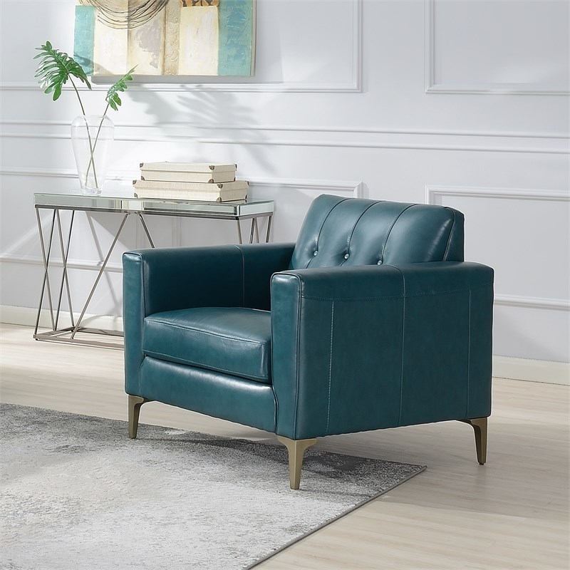 Payton Leather Accent Chair WIth Tufted Back In Turquoise | Homesquare