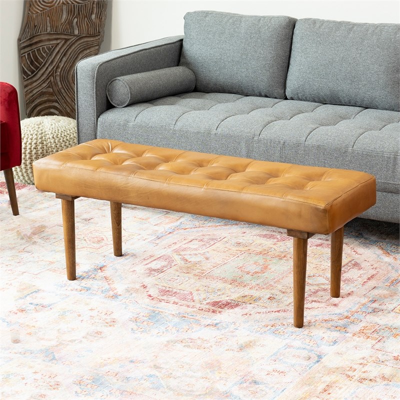 Allora Mid Century Modern Genuine Leather Bench in Tan | Homesquare