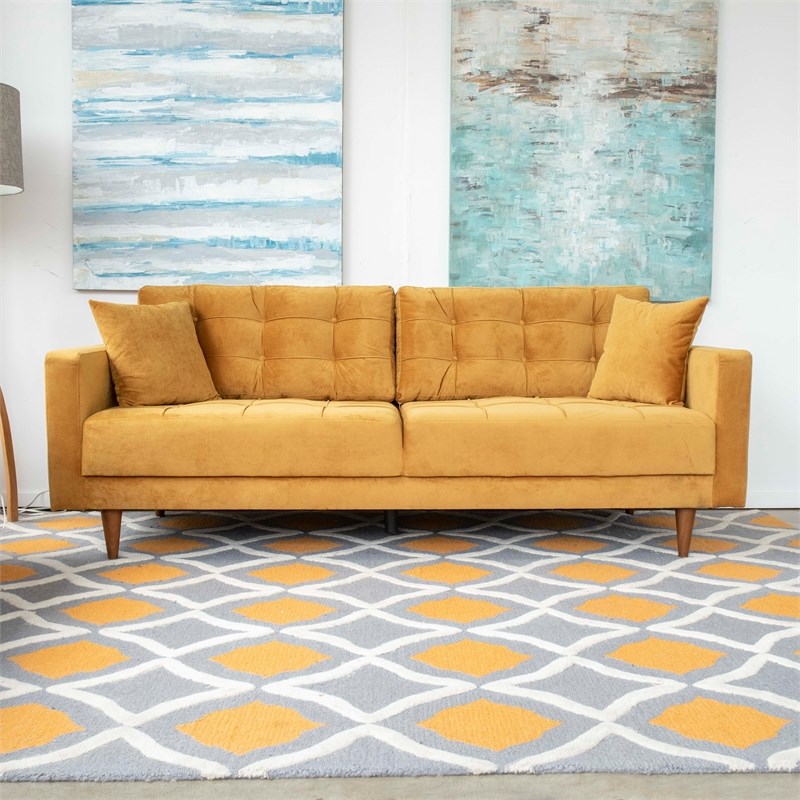 Allora Mid Century Modern Tufted Back Microfiber Sofa in gold | Homesquare