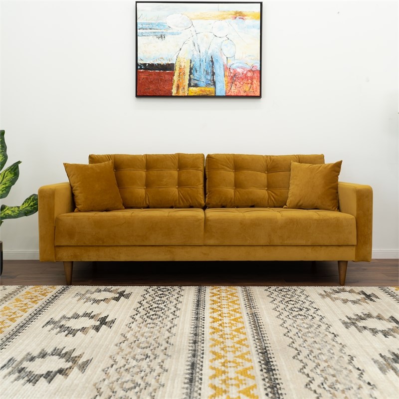 Allora Mid Century Modern Tufted Back Microfiber Sofa in gold | Homesquare