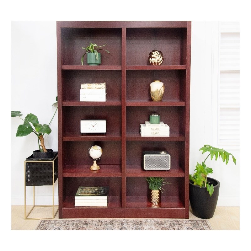 Traditional 72" Tall 10-Shelf Double Wide Wood Bookcase in Cherry ...