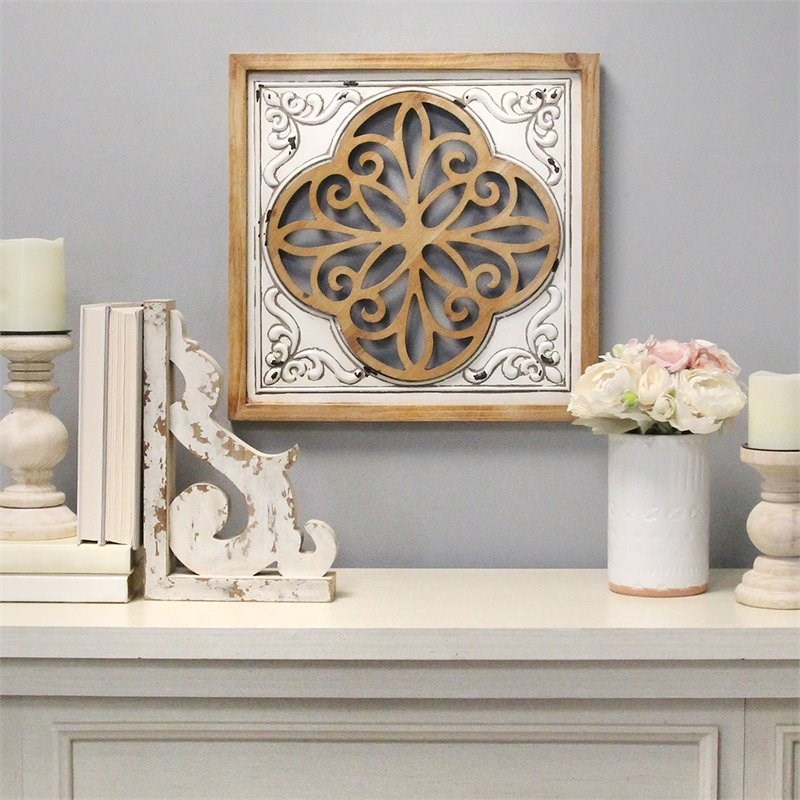 Stratton Home Decor Wood and Metal Square Wall Decor in White | Homesquare