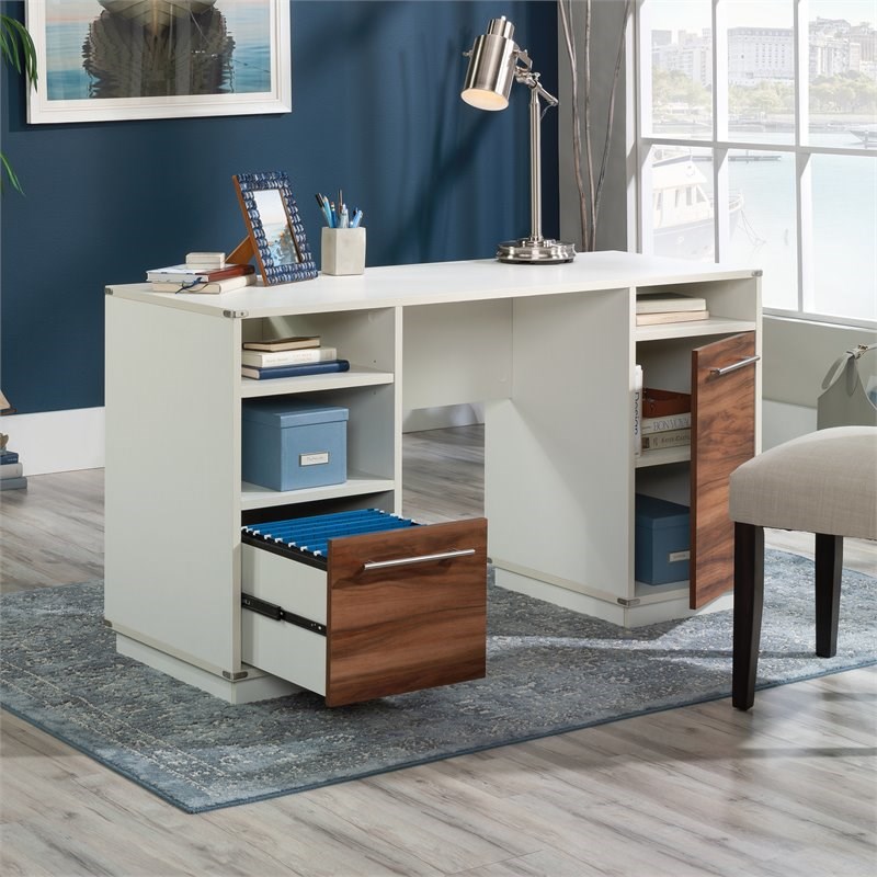 Sauder Vista Key Engineered Wood Executive Desk in Pearl Oak/Blaze ...
