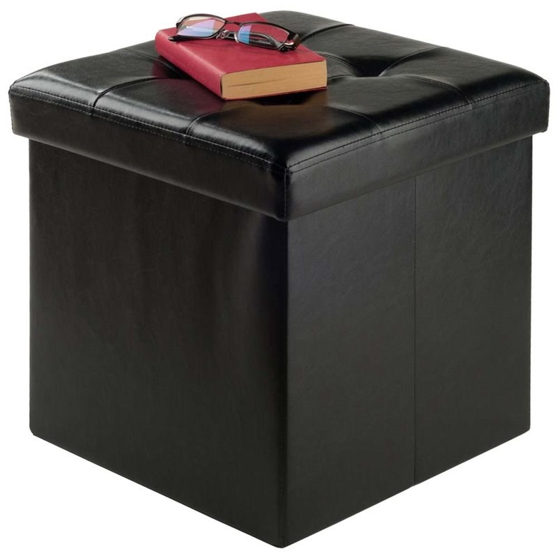 Winsome Ashford Faux Leather Storage Cube Ottoman in Black | Homesquare