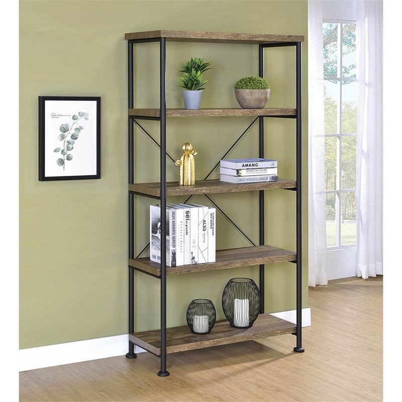 Coaster Analiese 4 Shelf 32" Bookcase in Rustic Oak and Black | Homesquare